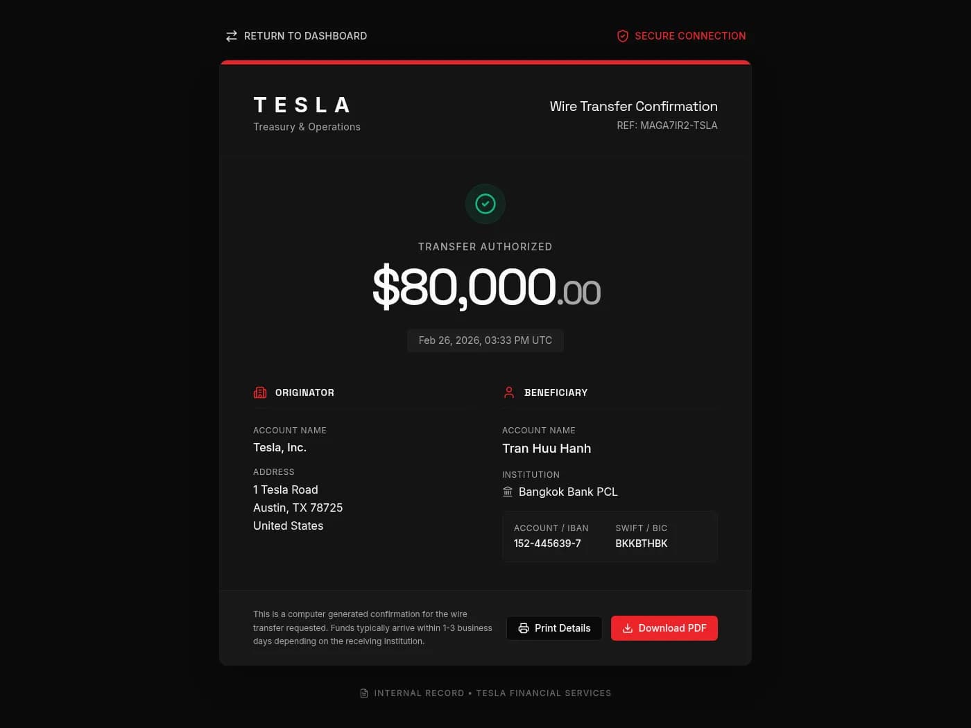 Tesla Bank Transfer Page