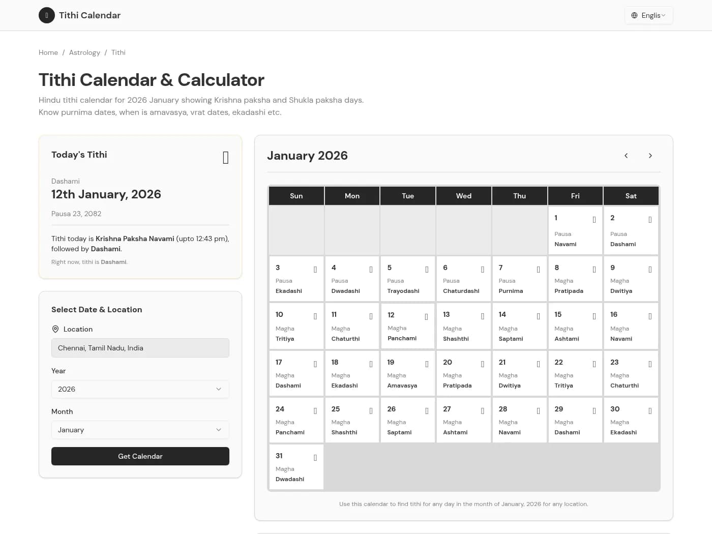 Tithi Calendar Clone