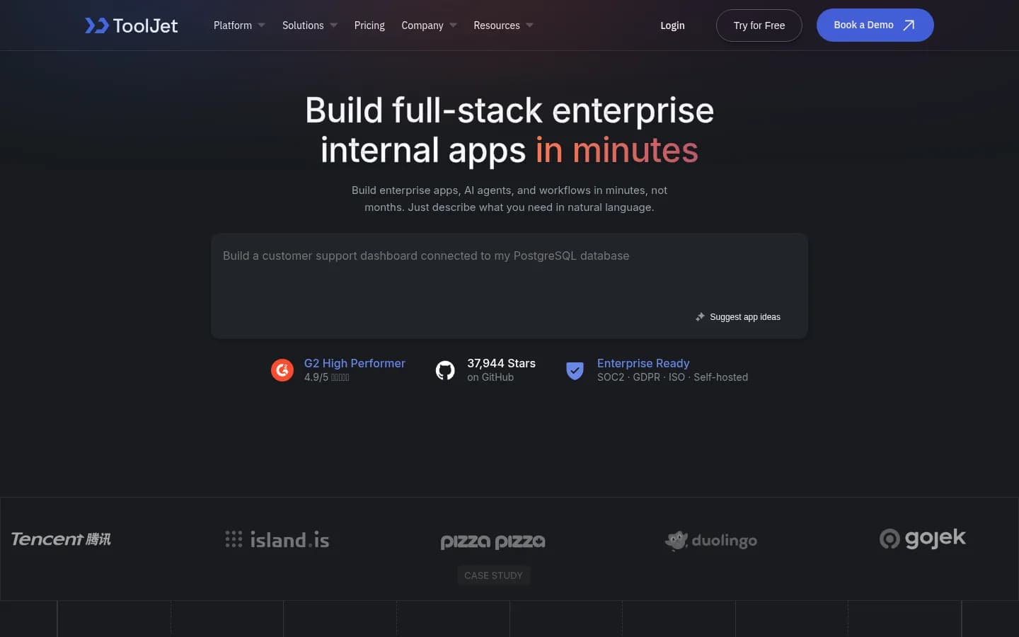 Tooljet landing page — open-source internal tool builder for teams