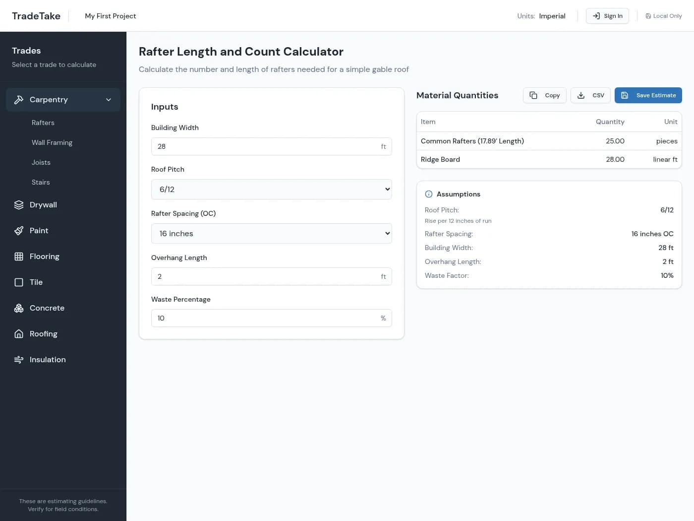 TradeTake Construction Calc