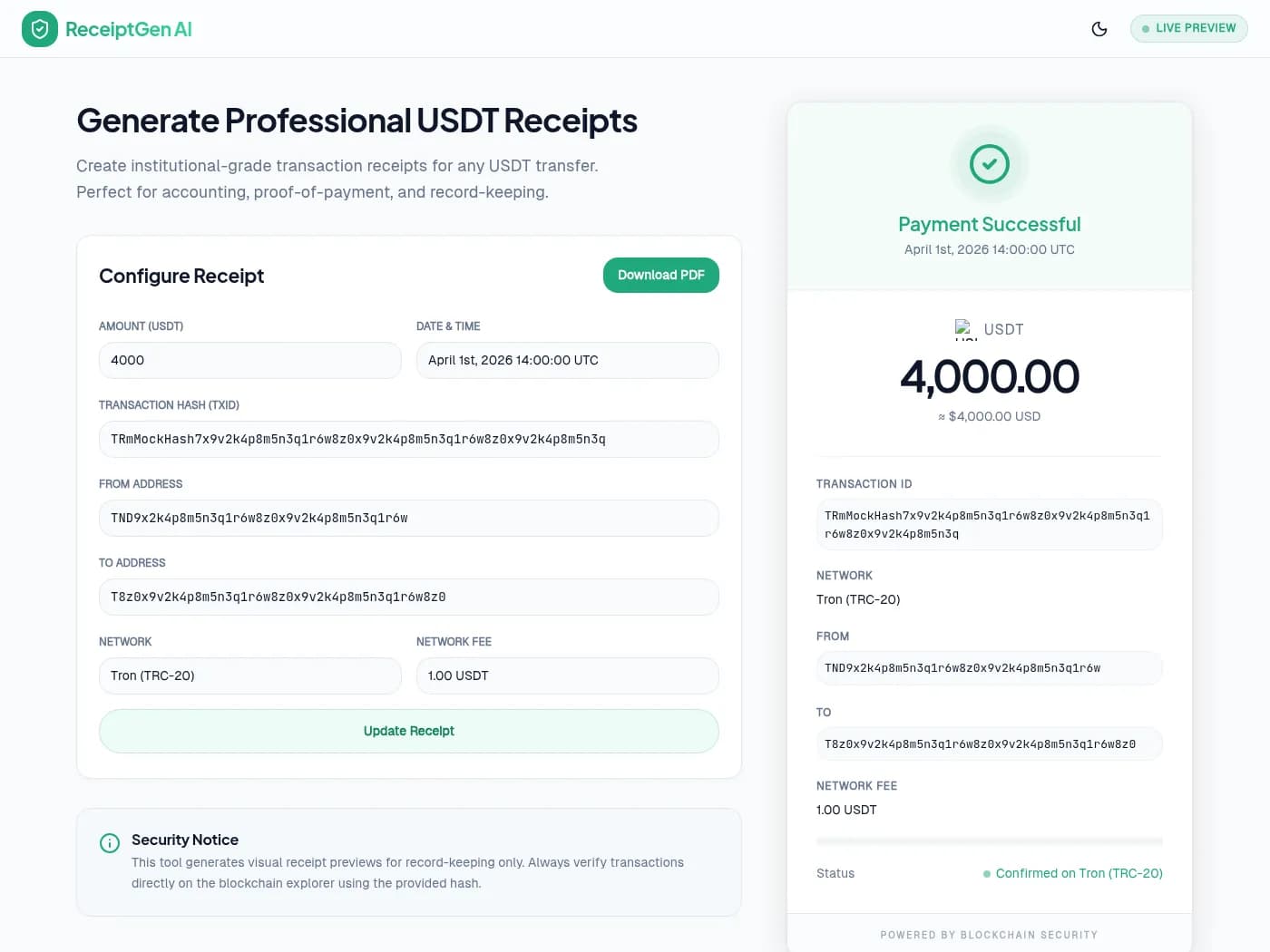 USDT Receipt Generator