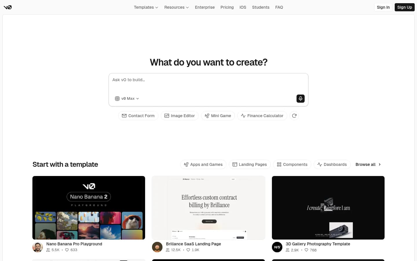 v0 by Vercel landing page — AI-powered React component generation for developers