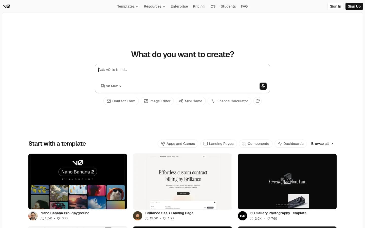 v0 by Vercel landing page — component-first AI UI generator with Next.js integration