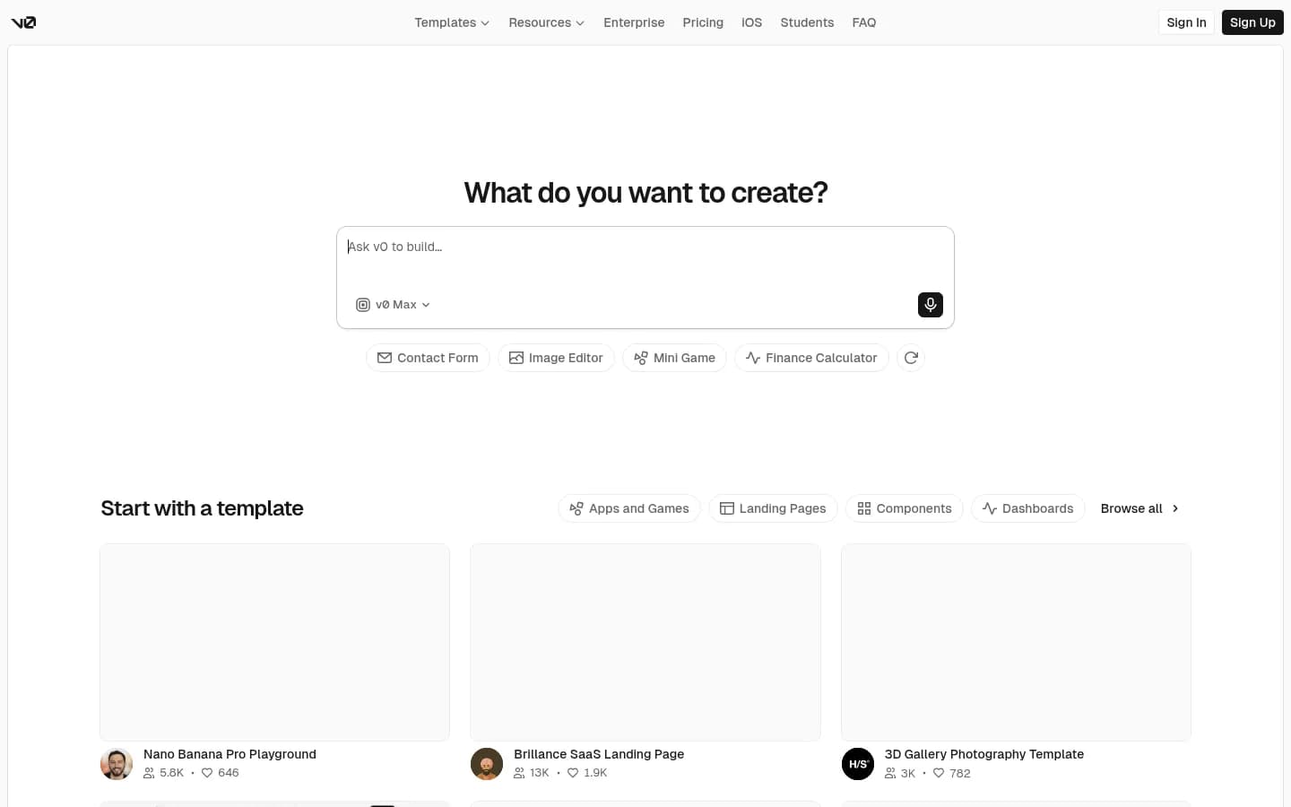 v0 landing page — Vercel's AI-powered UI component generator for Next.js