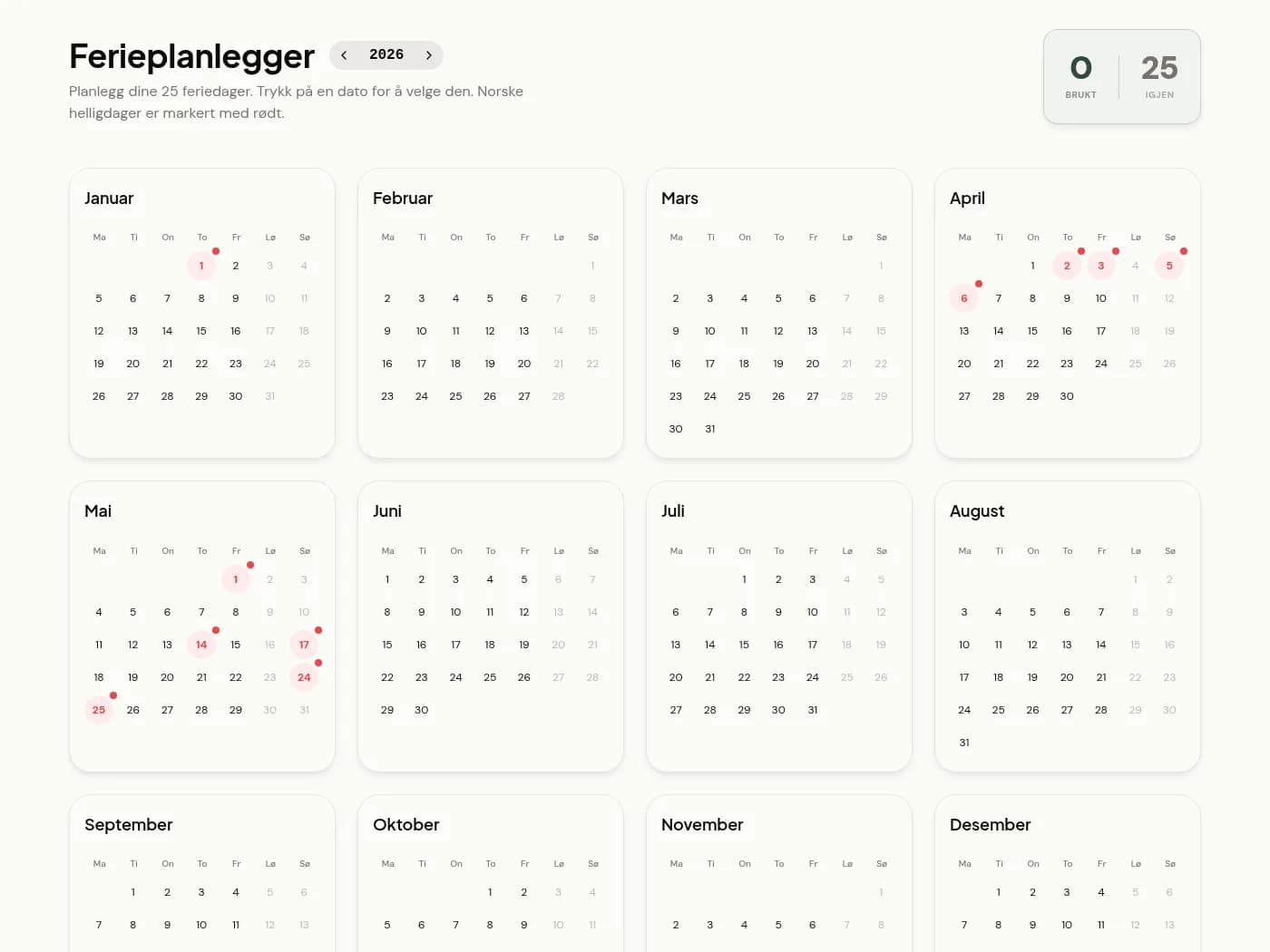 Vacation Planner Calendar