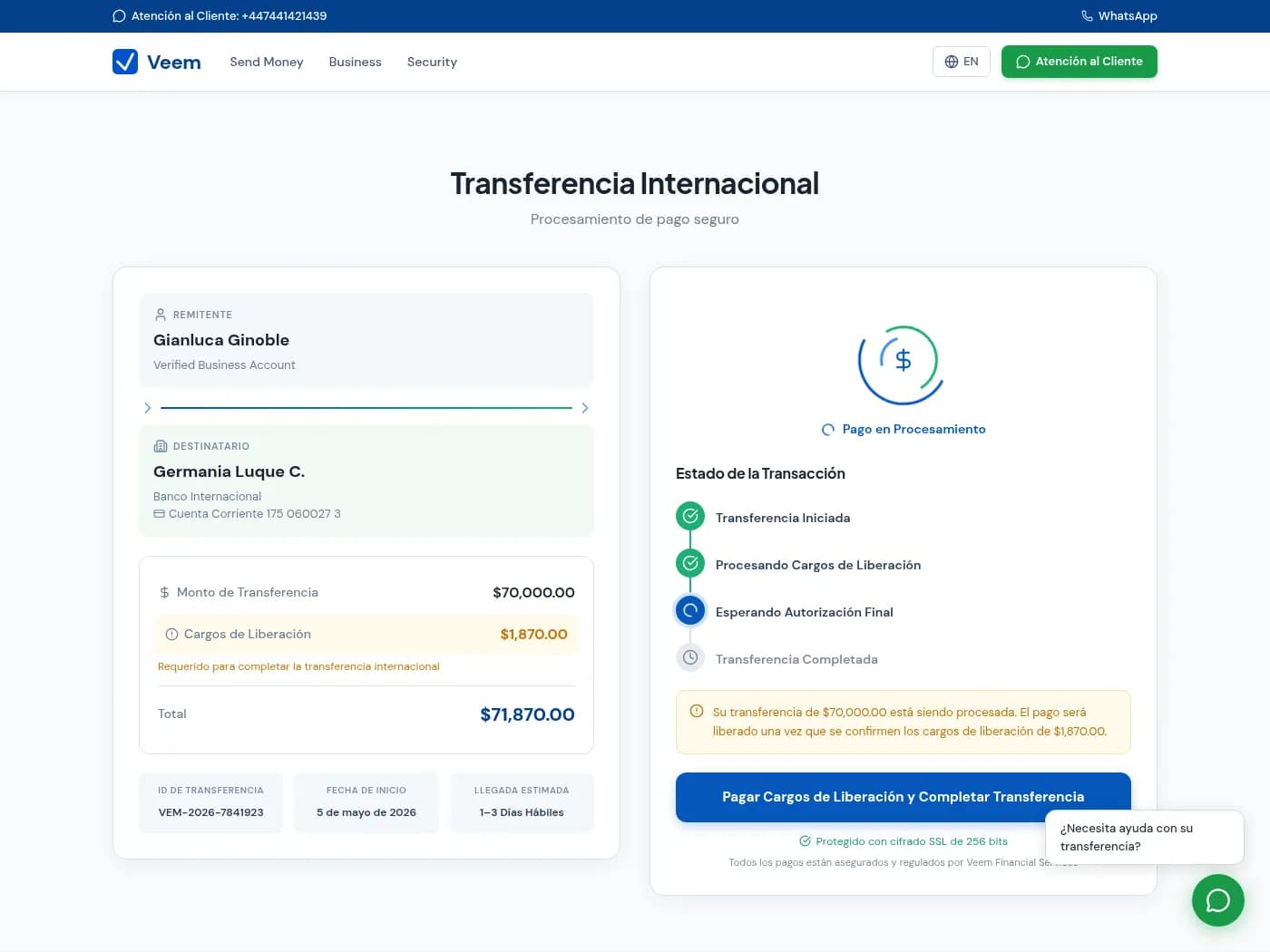 Veem Bank Transfer Page