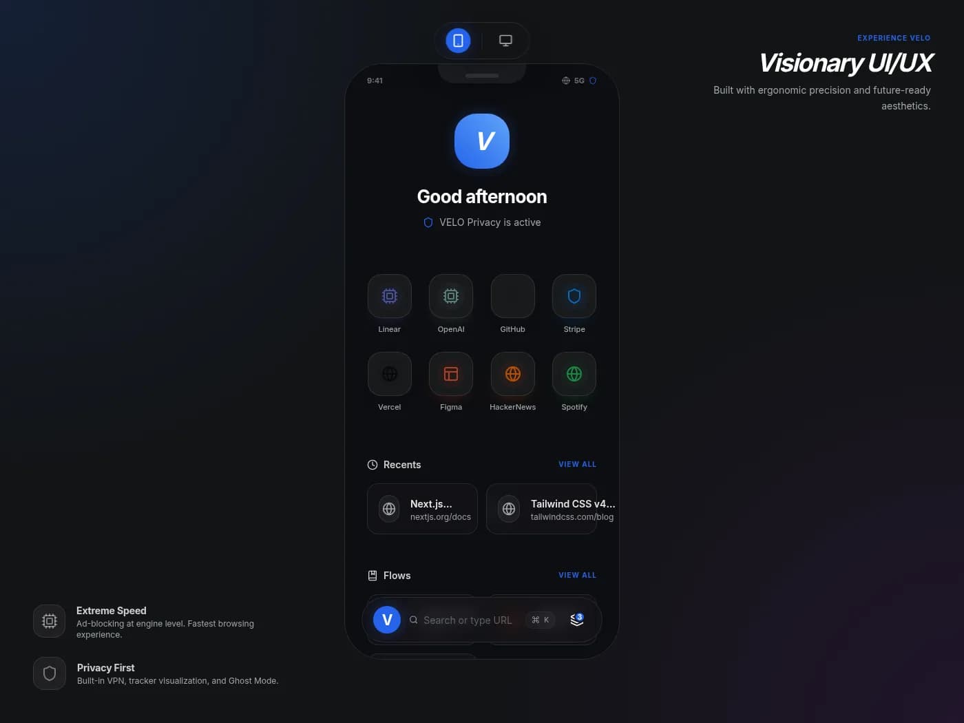 VELO Browser UI Showcase