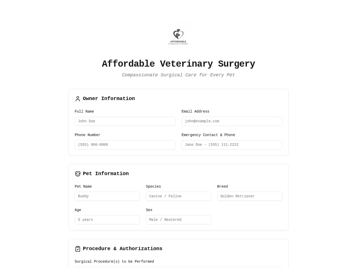 Vet Surgery Consent Form
