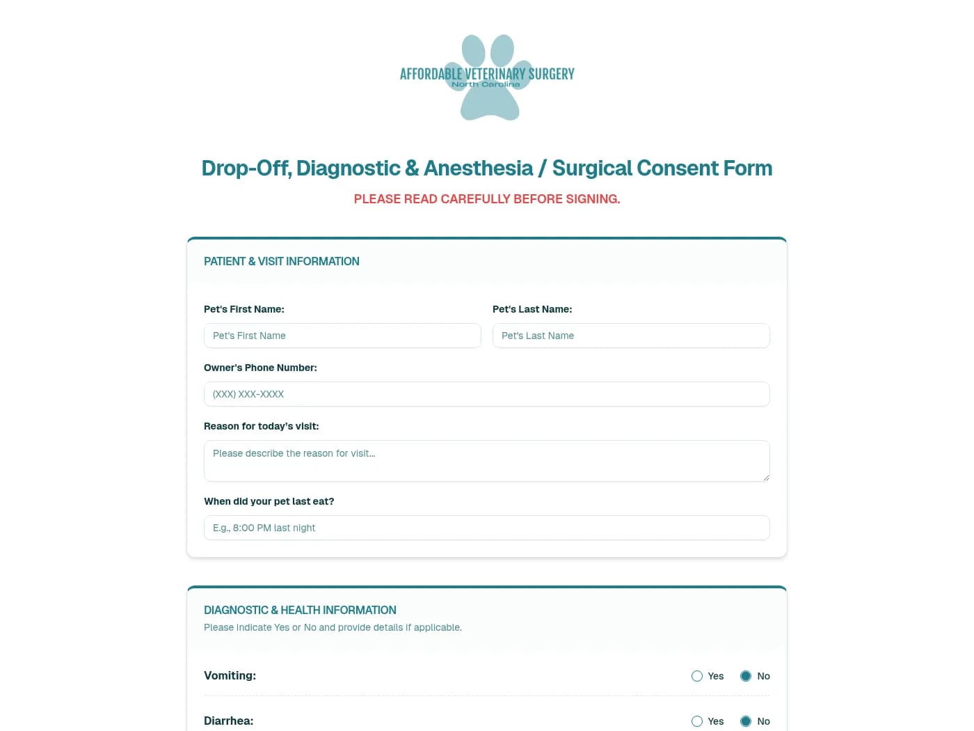 Vet Surgery Consent Form