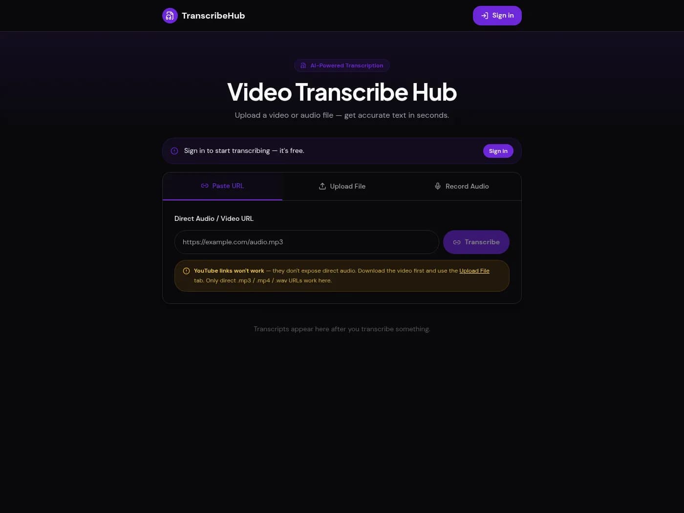 Video Transcribe Hub