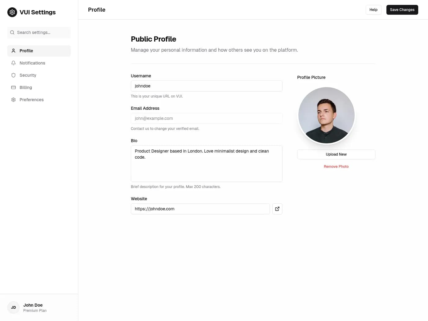VUI User Settings Page