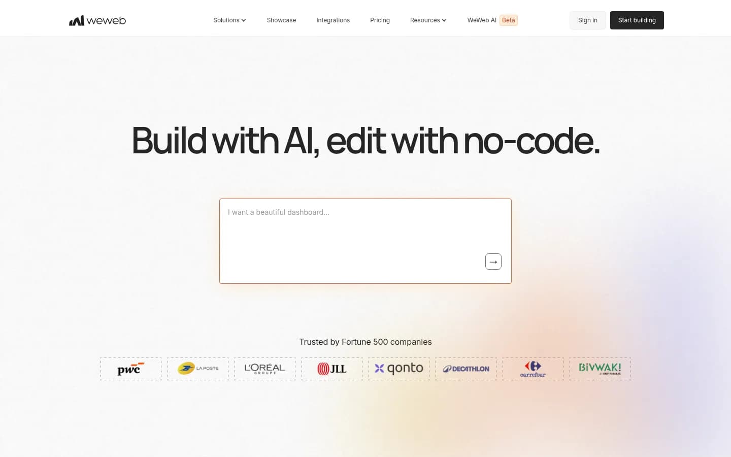 WeWeb landing page — visual no-code editor with AI generation layer and native backend