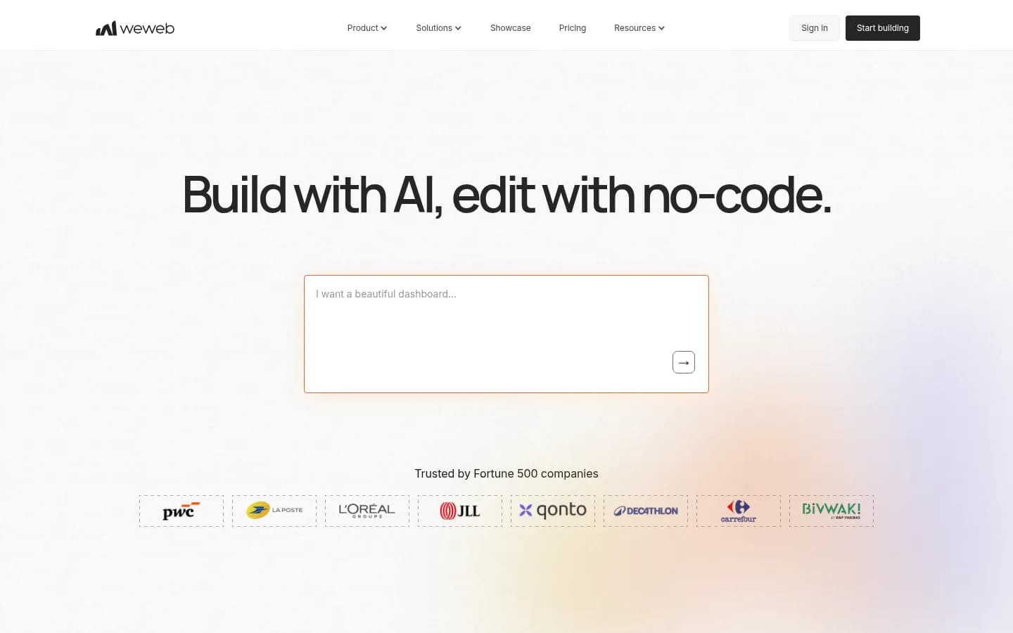 WeWeb landing page — visual frontend builder with Vue.js code export and API integration for developers