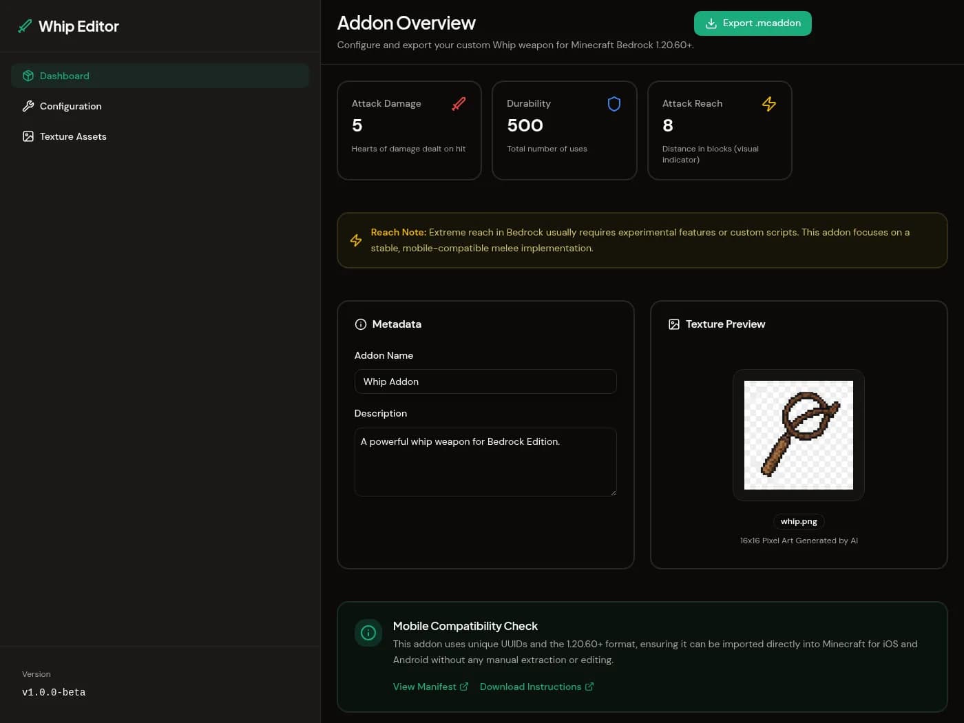 Whip Addon for Bedrock