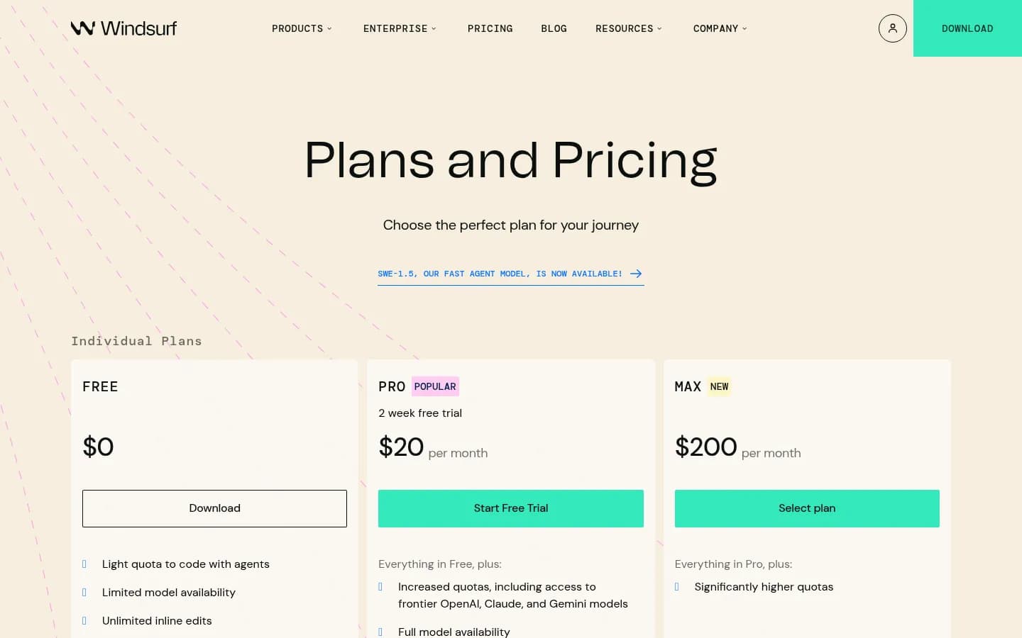 Windsurf pricing page — free tier, Pro at $20/mo, Team plans available