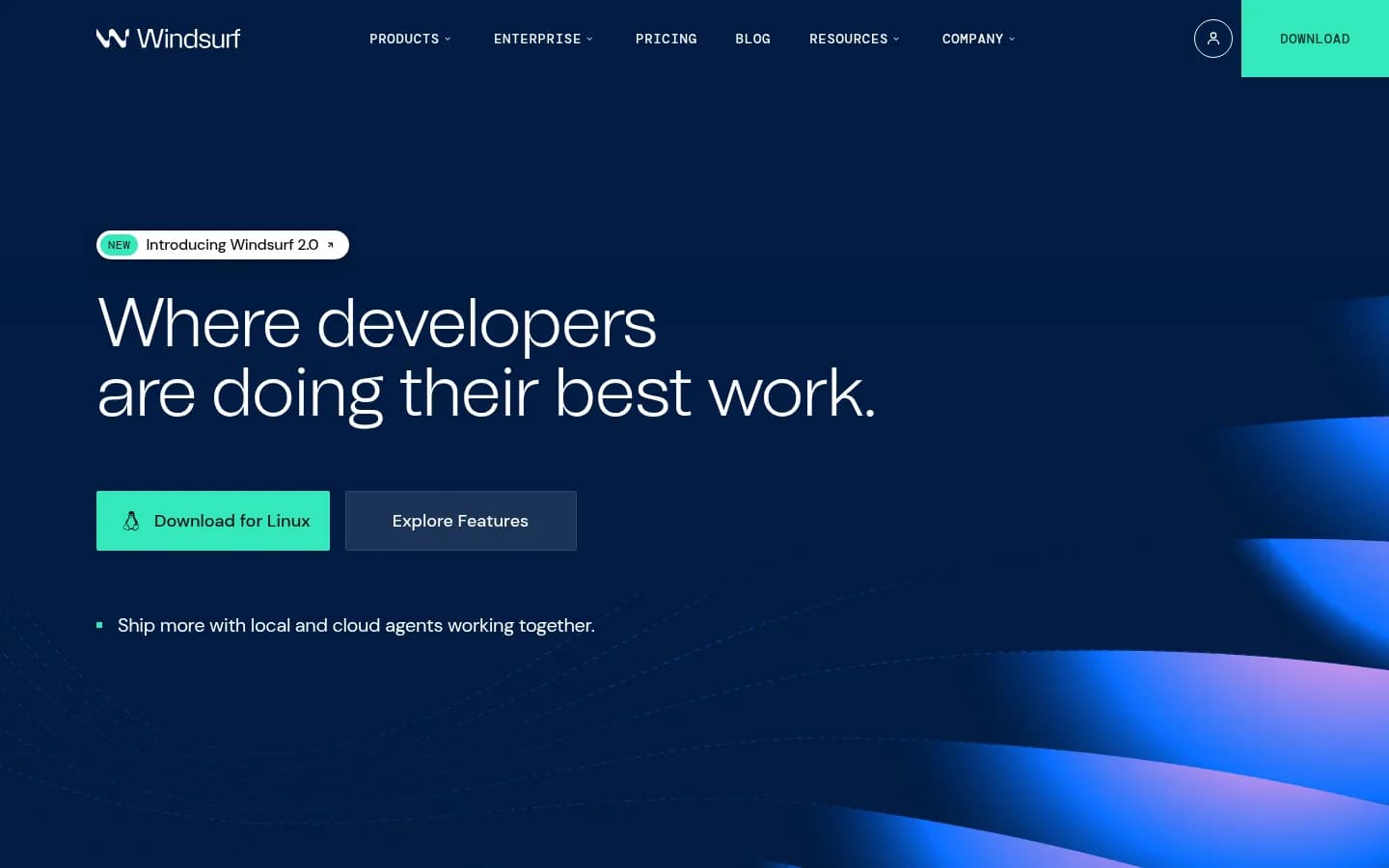 Windsurf landing page — AI code editor with Cascade agentic flow and generous free tier