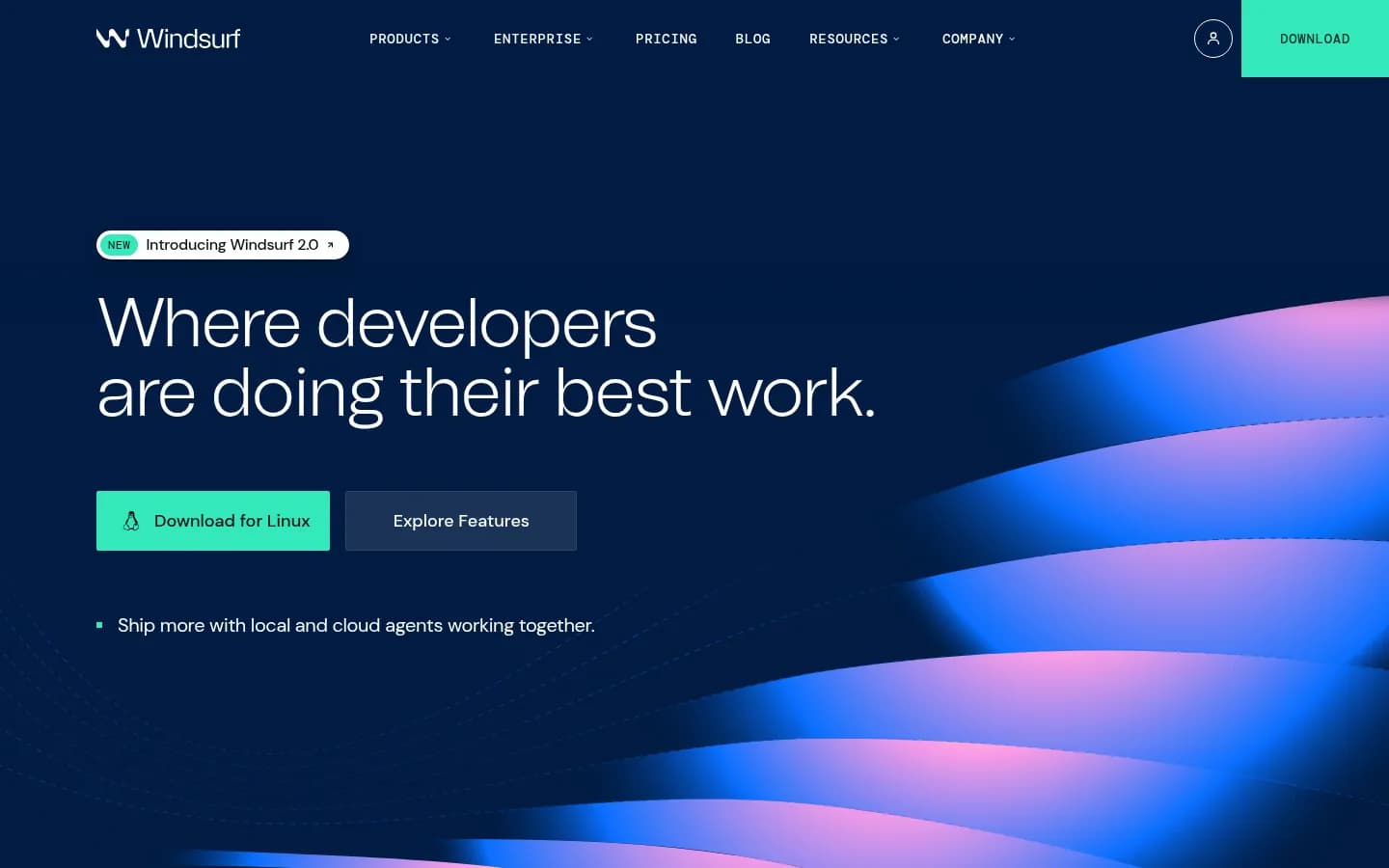 Windsurf AI code editor landing page — Codeium's VS Code alternative with Cascade agentic agent