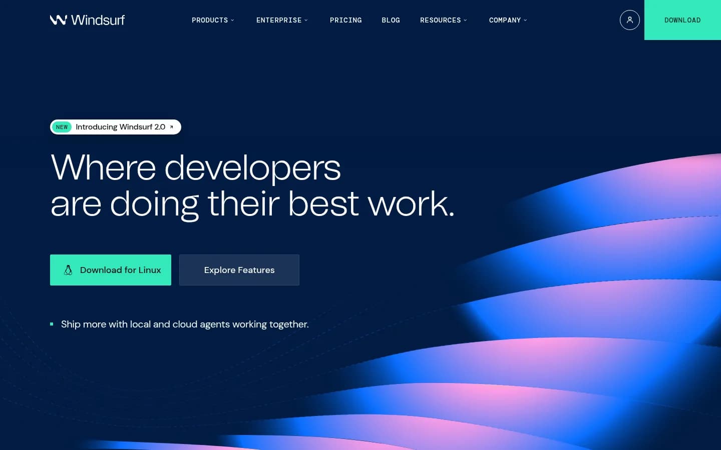 Windsurf landing page — AI code editor with Cascade agent for contextual development across your entire codebase