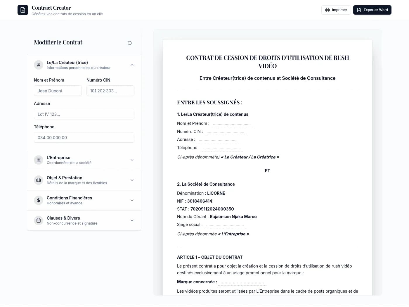 Contrat Word Creator