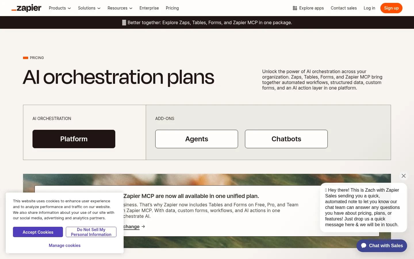 Zapier pricing page — Free, Pro ($19.99/mo), Team ($69/mo), and Enterprise plans as of April 2026