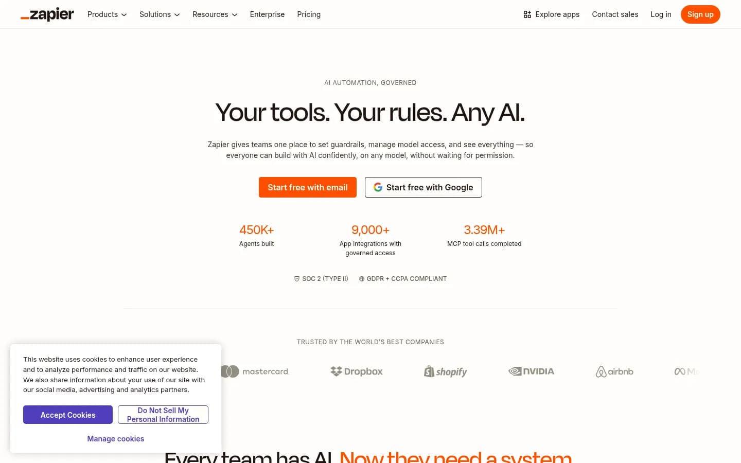 Zapier landing page — workflow automation with 8,000+ app integrations
