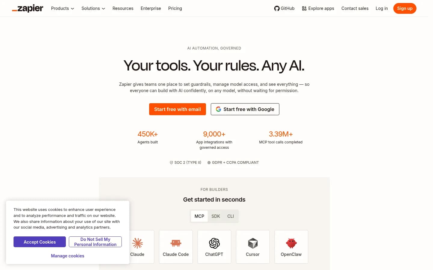 Zapier landing page — workflow automation connecting 9000+ apps with trigger-action logic, multi-step Zaps, and Tables