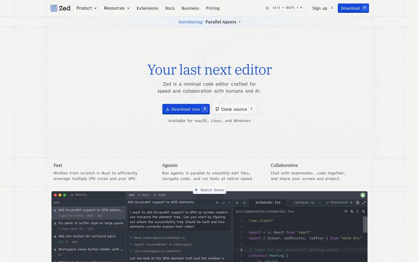 Zed landing page — high-performance native code editor built in Rust with real-time collaborative editing
