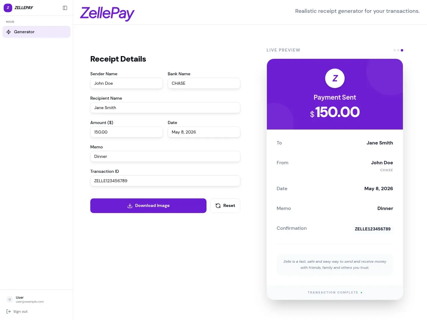 ZellePay Receipt Generator