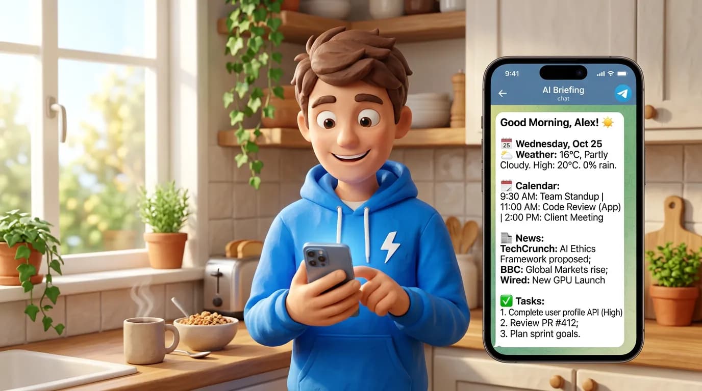 Character holding phone showing a detailed Telegram morning briefing digest with weather, calendar events, and priority tasks