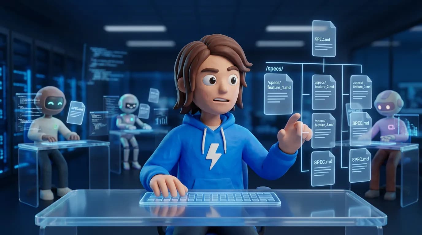 Developer at futuristic desk with floating /specs/ directory tree, AI agent panels each picking up a different spec and building features in parallel