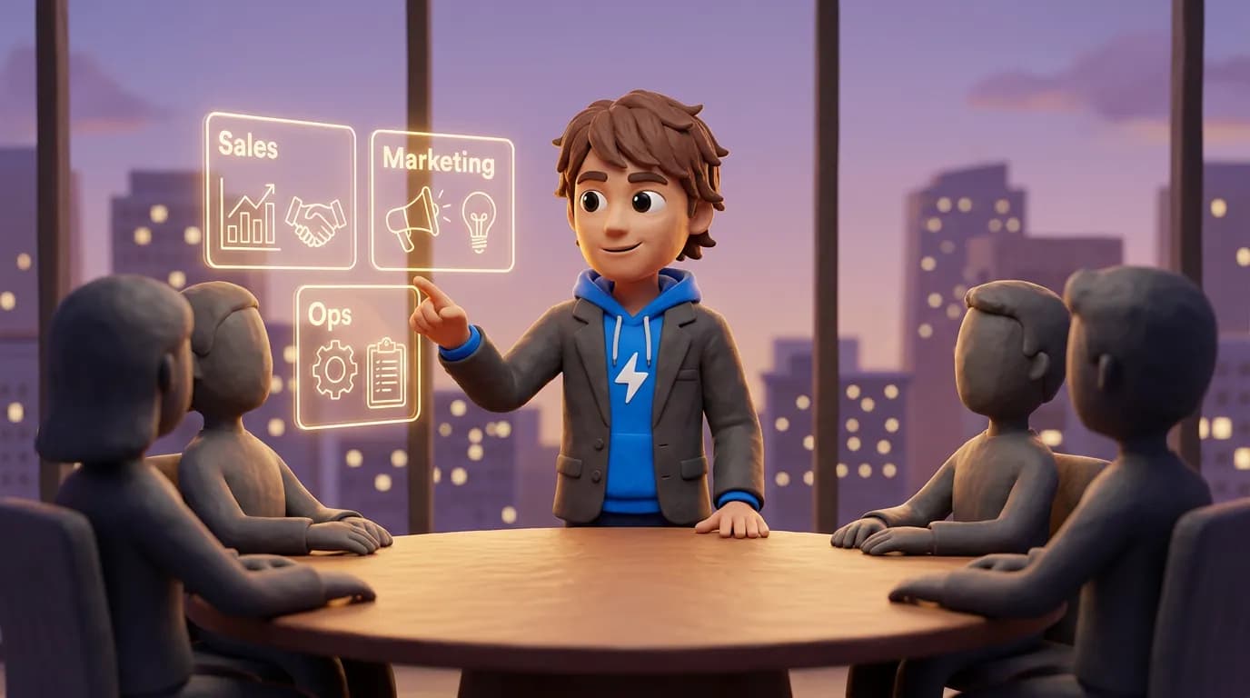 A team lead orchestrating three department AI agents from a shared workspace — each running a distinct business function at the same time