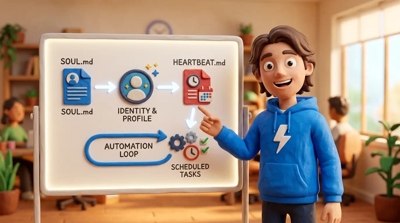 How SOUL.md and HEARTBEAT.md work together — identity definition plus scheduled task execution in OpenClaw