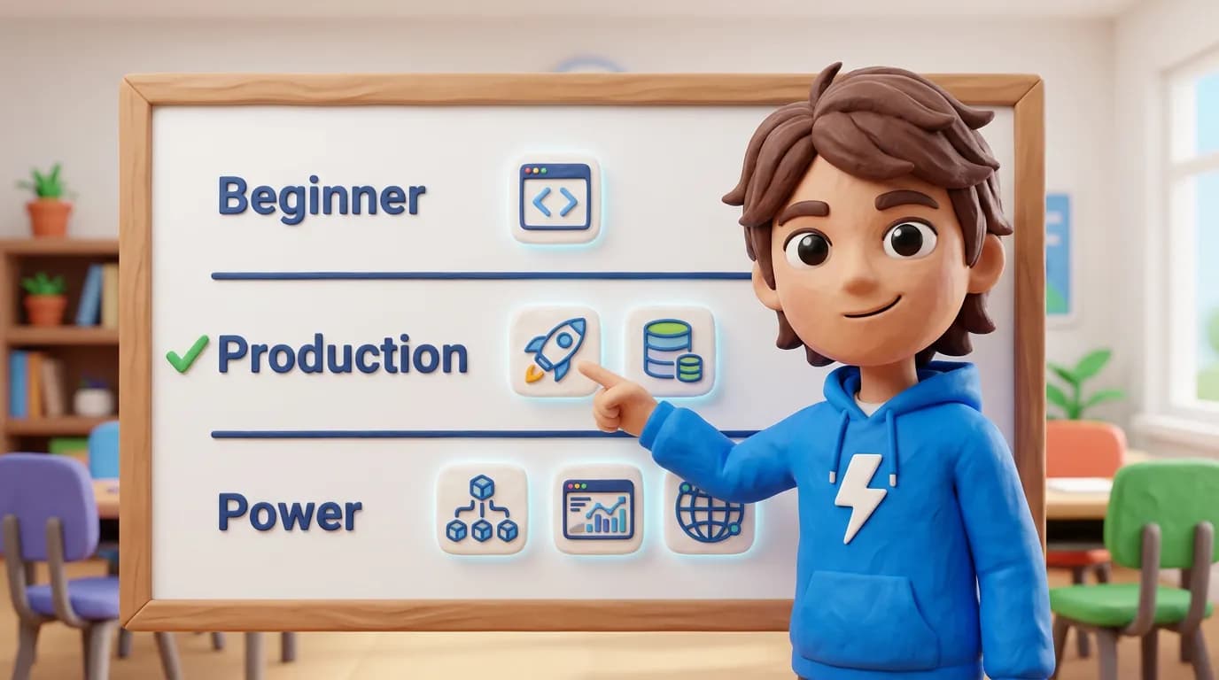 Clay character at a whiteboard showing three labeled rows: Beginner with one tool icon, Production with two tool icons and a checkmark, Power with three tool icons — pointing at the Production row