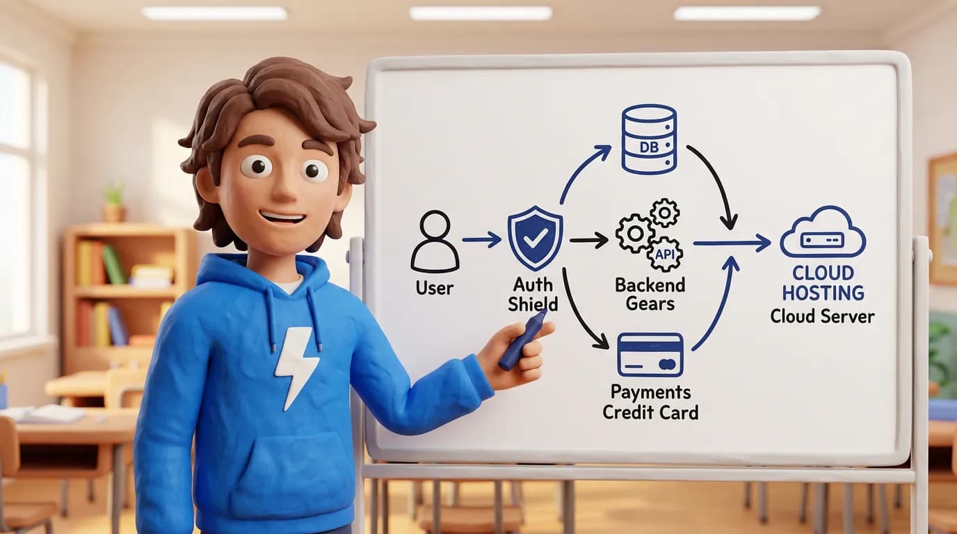 What a SaaS actually requires — auth, database, backend, frontend, payments, and hosting — and how to get all of it in one place