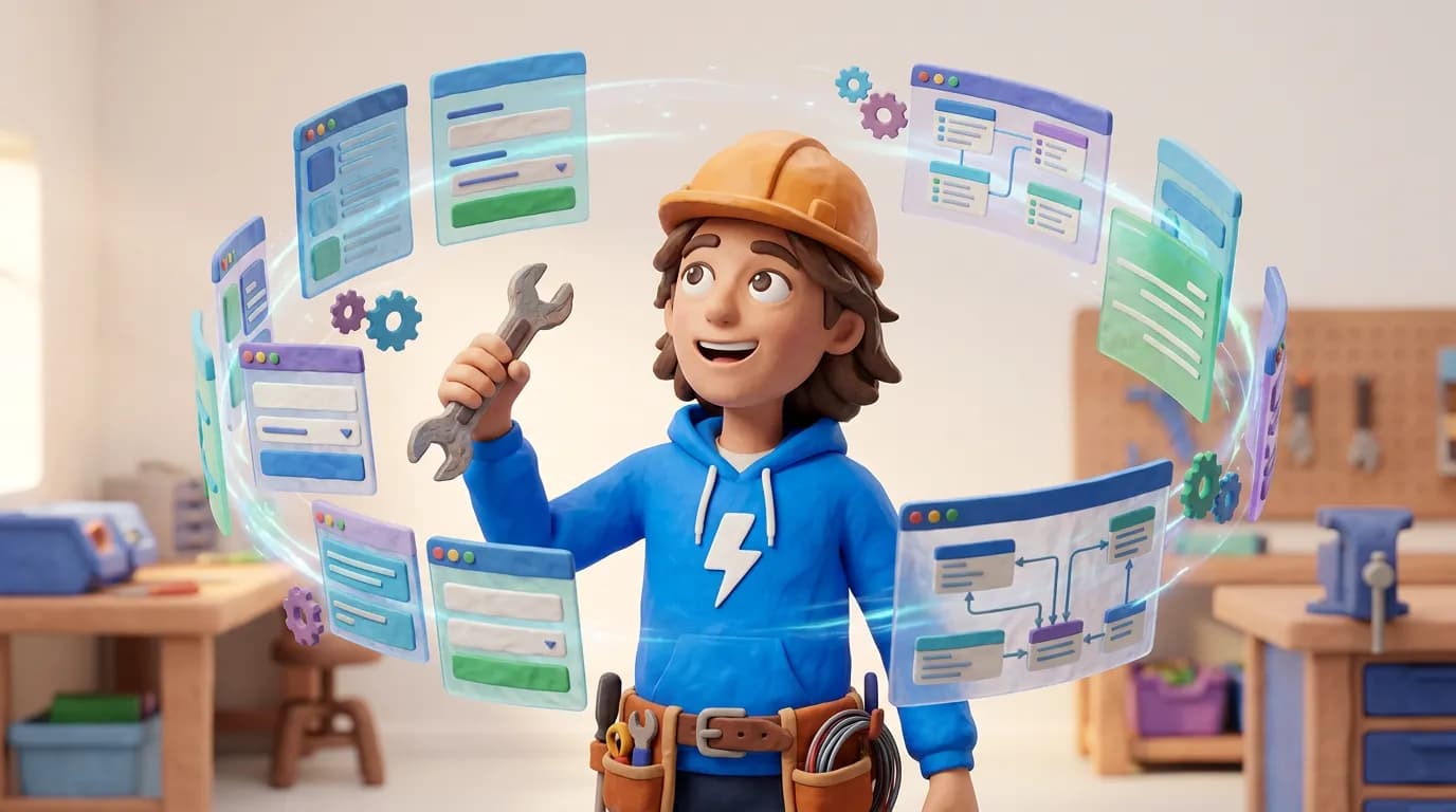 Clay character in hard hat building an admin panel, surrounded by floating UI components and database diagrams assembling together