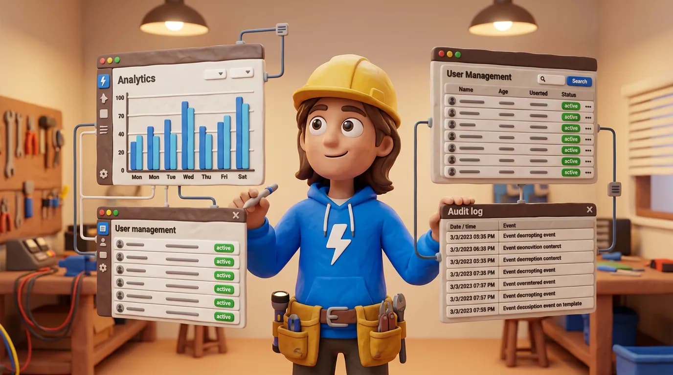 Clay character reviewing completed admin panel with user management table, analytics charts, and audit log panel assembled around them