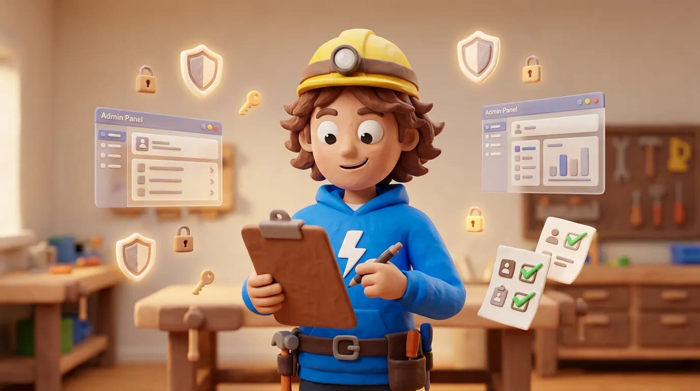 Clay character holding a security checklist reviewing admin panel role permissions and deployment settings with padlock icons