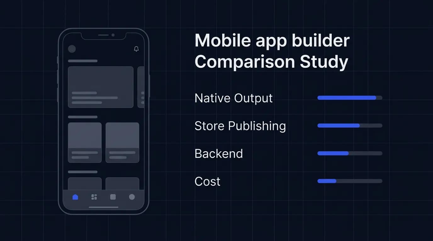 A mobile app builder scorecard compares native output, store publishing, backend, and cost.