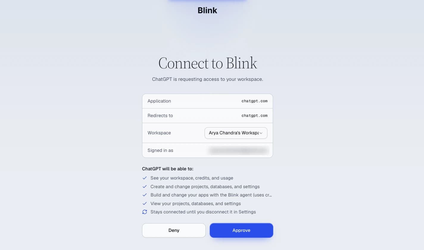 The Connect to Blink screen, with the workspace picker, the list of permissions and the Approve button