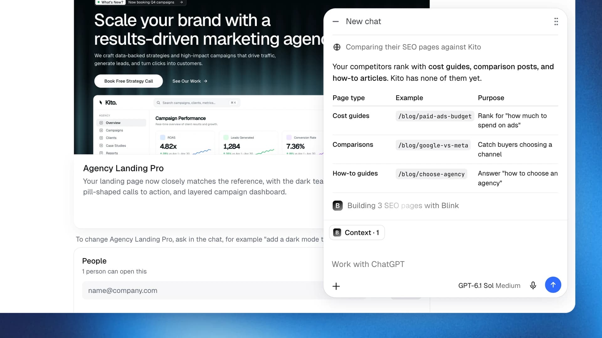 ChatGPT's plan for three SEO pages, with Blink starting the build
