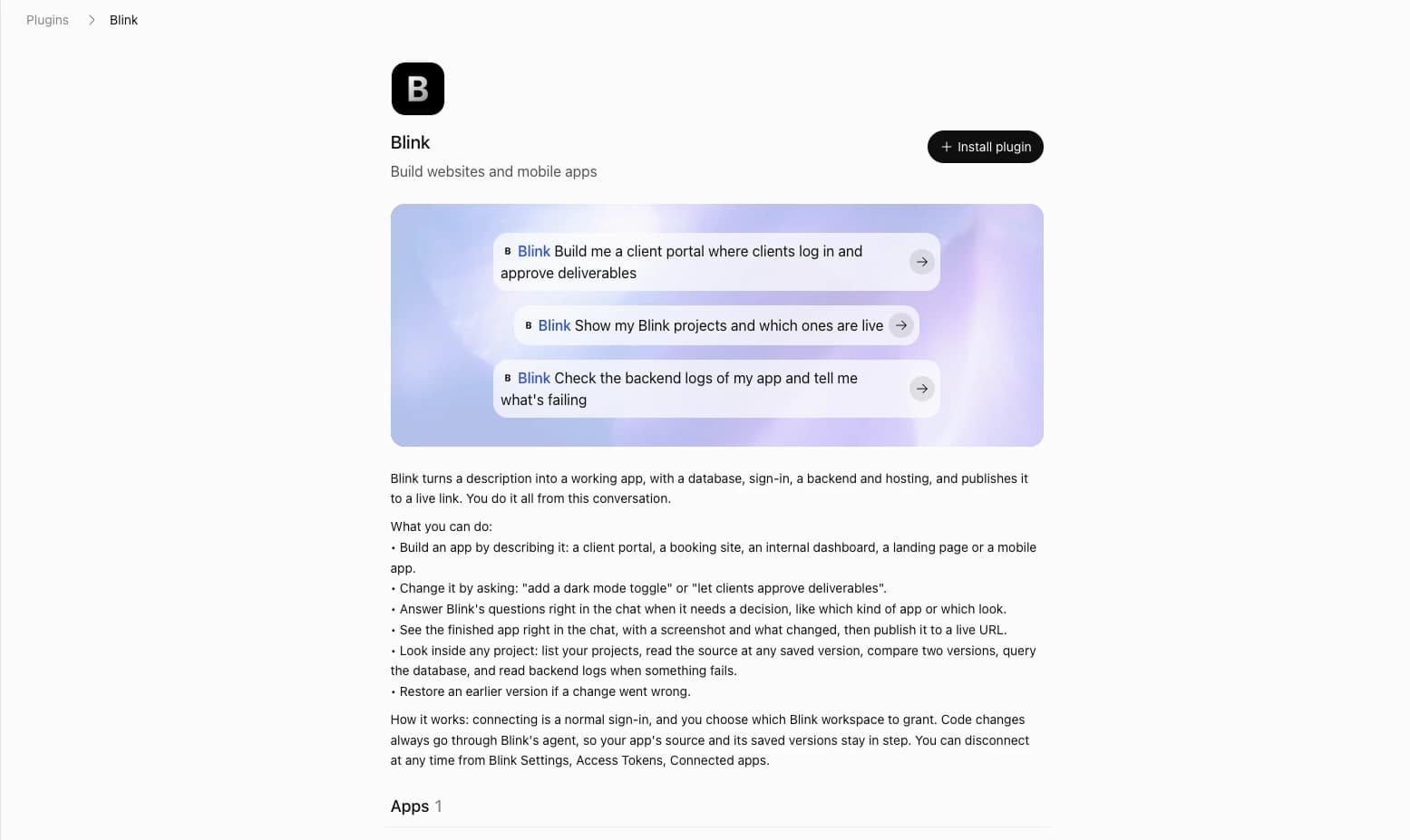 The Blink plugin page in ChatGPT, with the Install plugin button and three example prompts