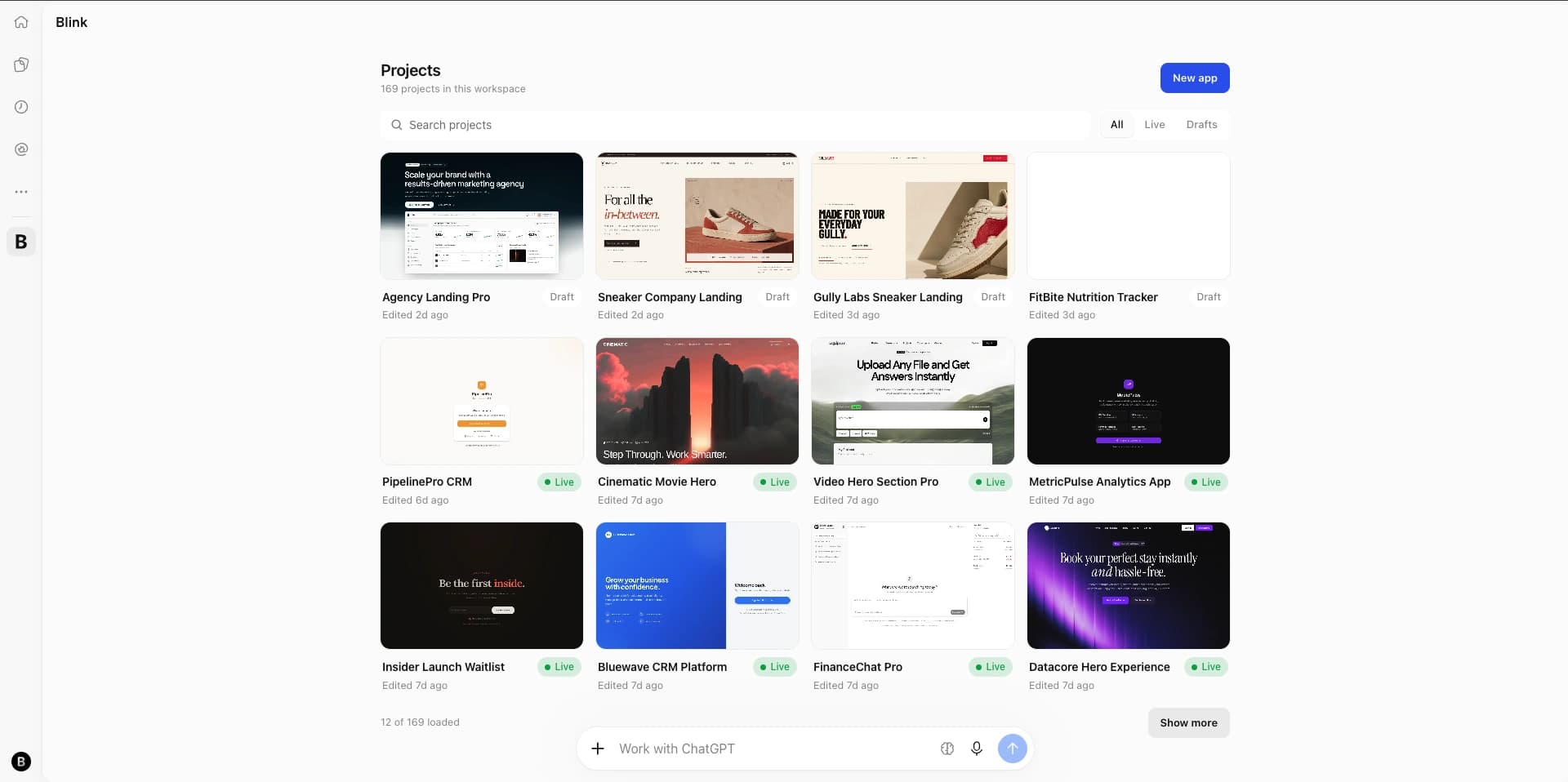 The Blink Projects view inside ChatGPT, showing a grid of projects with Live and Draft labels