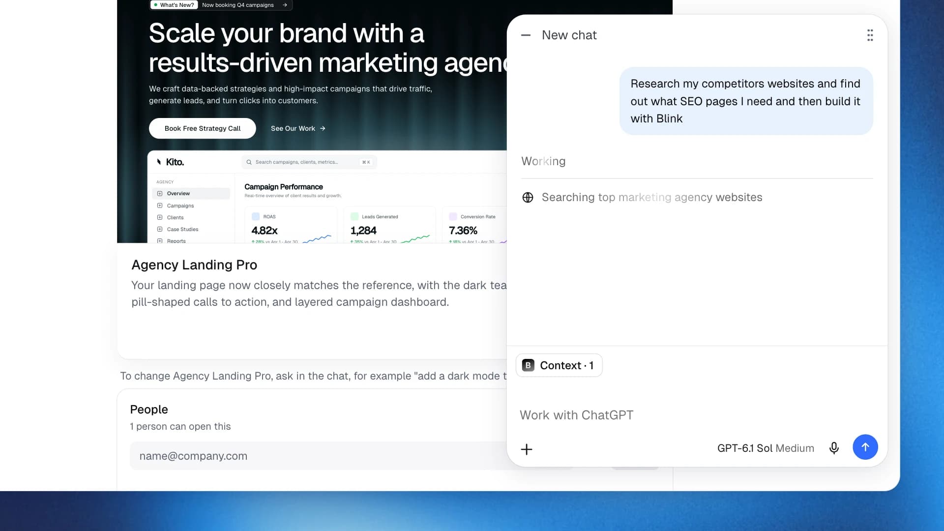 ChatGPT researching competitor websites in a chat panel next to the Blink project