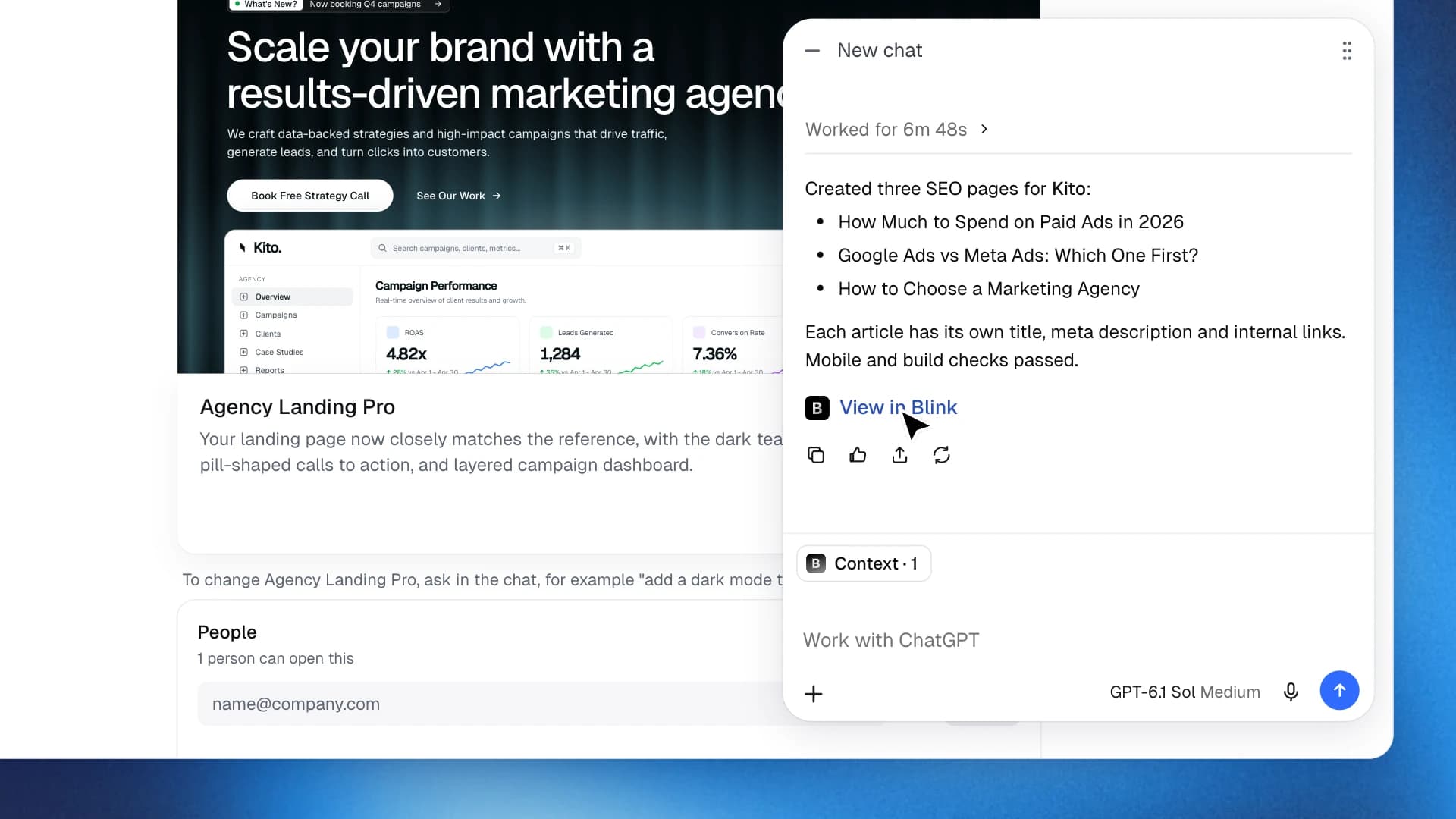 The finished summary listing the three SEO pages, with a View in Blink link