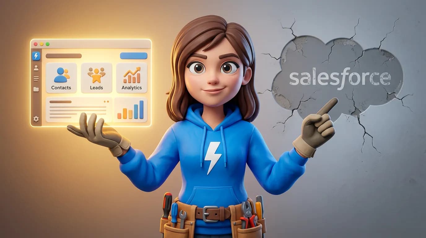 Developer holding glowing custom-built CRM app, pointing at crumbling faded Salesforce logo in background