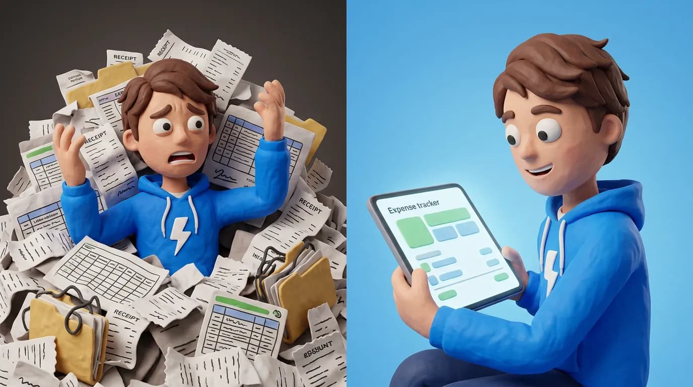 Paper receipts and spreadsheet chaos vs a clean expense tracker dashboard — the problem building your own tool solves