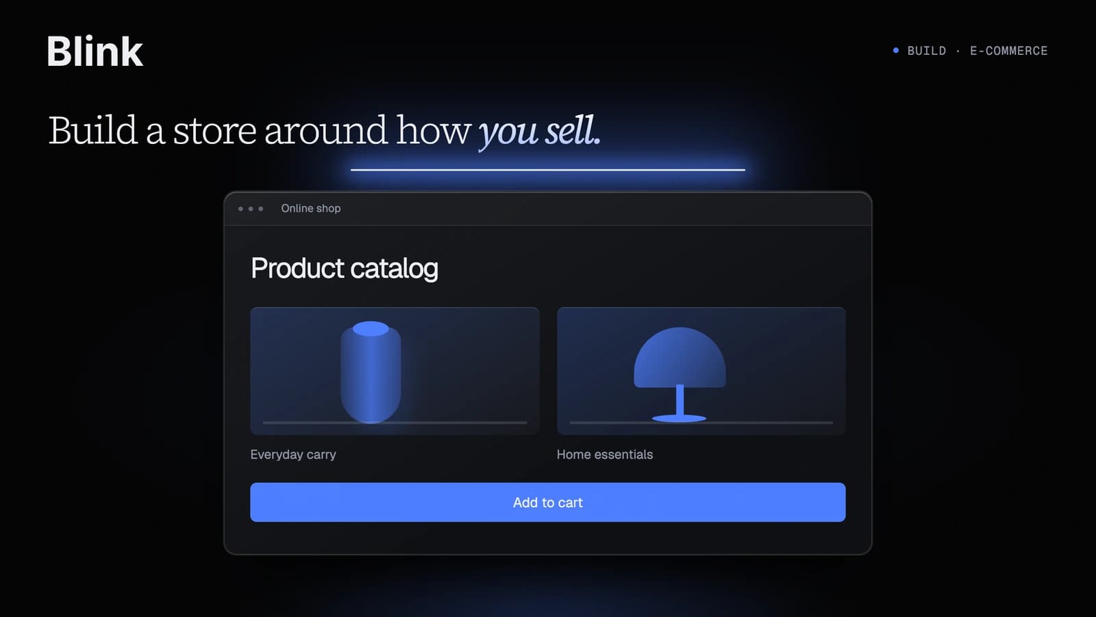 An online shop mockup presents a product catalog and an add-to-cart action.