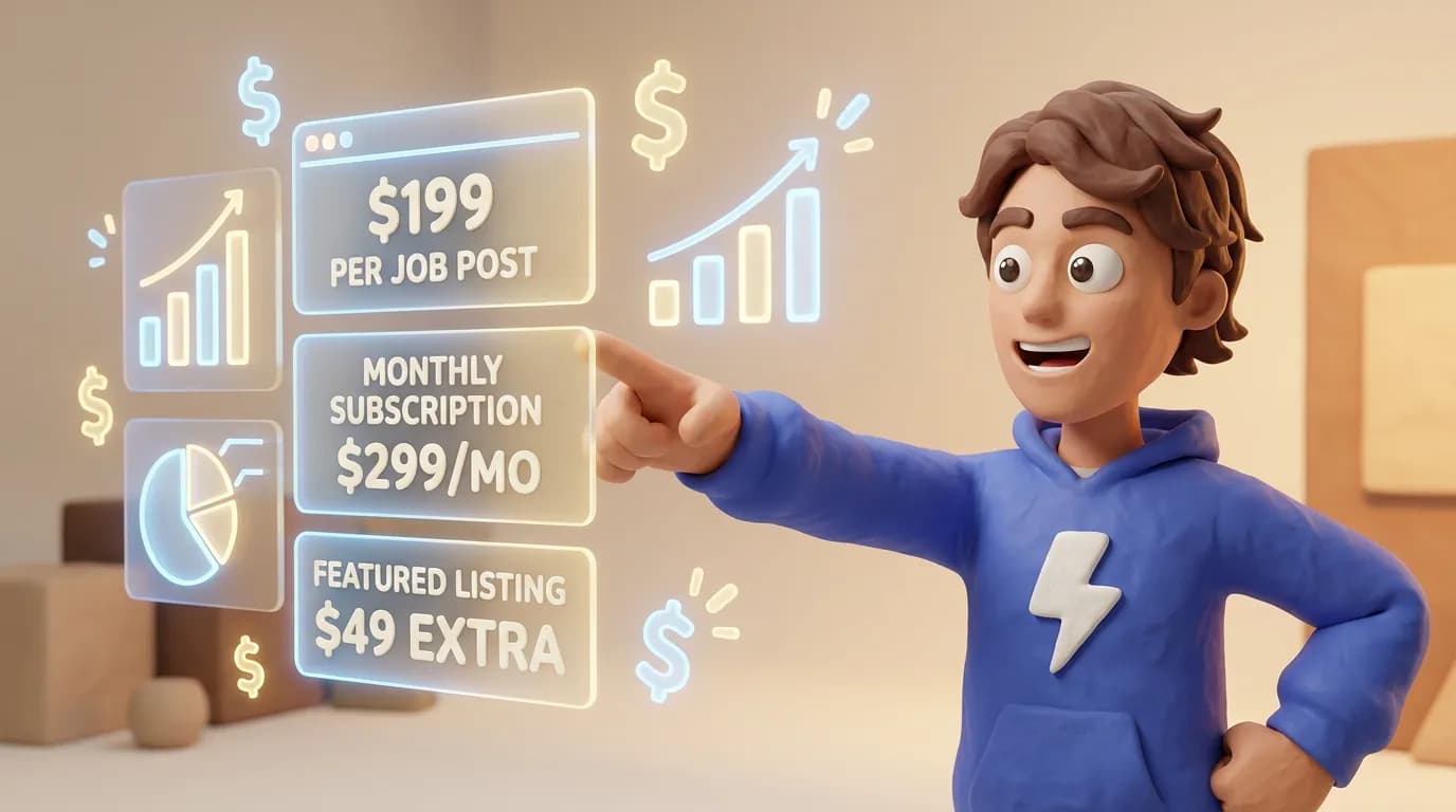 Job board revenue model: charge employers $99-$299 per posting, plus monthly subscriptions for featured access