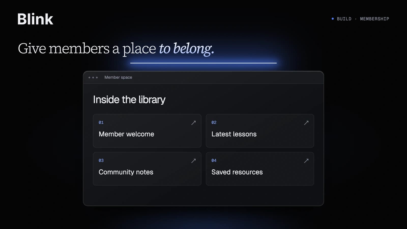 A member library organizes welcome information, lessons, community notes, and saved resources.