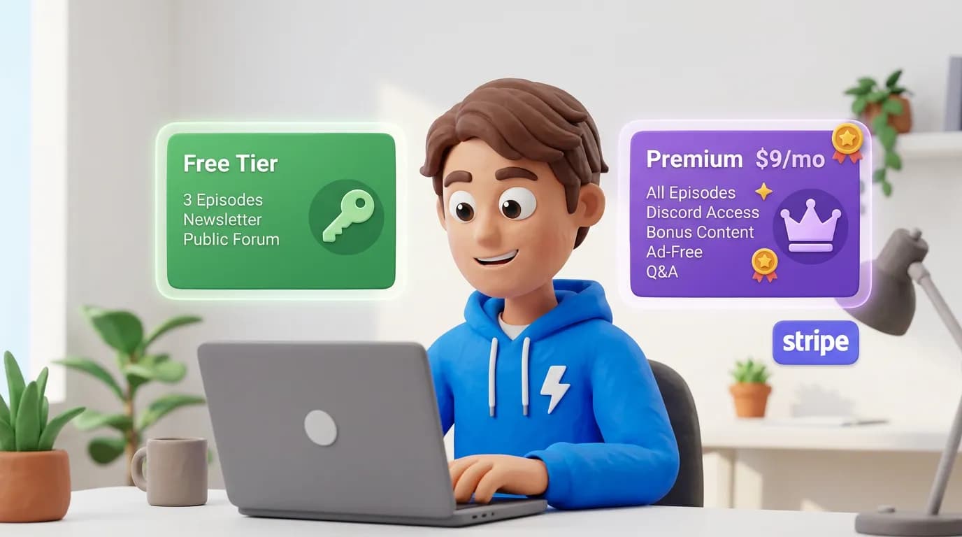 A podcast membership dashboard showing free and premium tiers with Stripe-powered payments